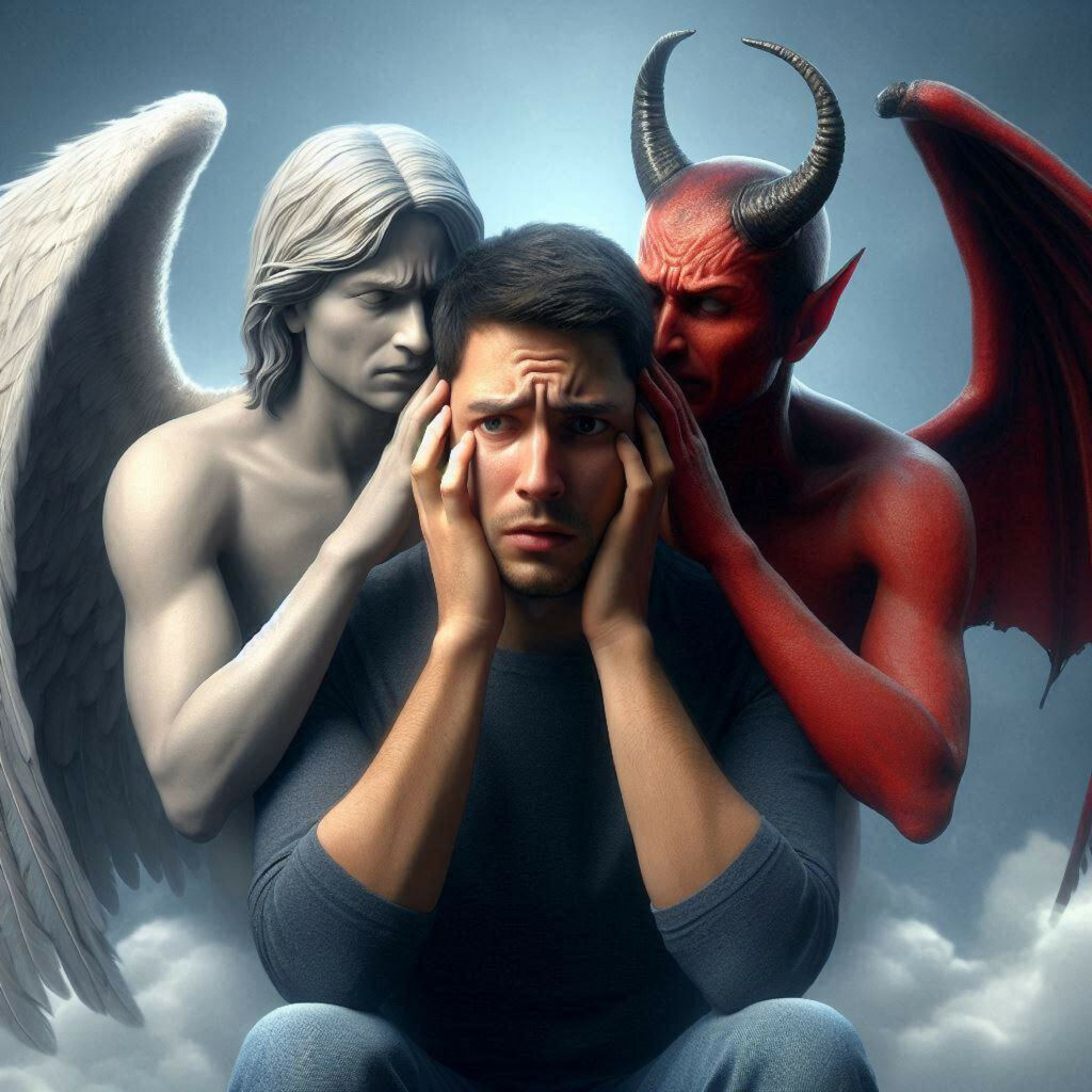 man, male, guy, boy, confused, doubt, angel, devil, good, bad, blac...