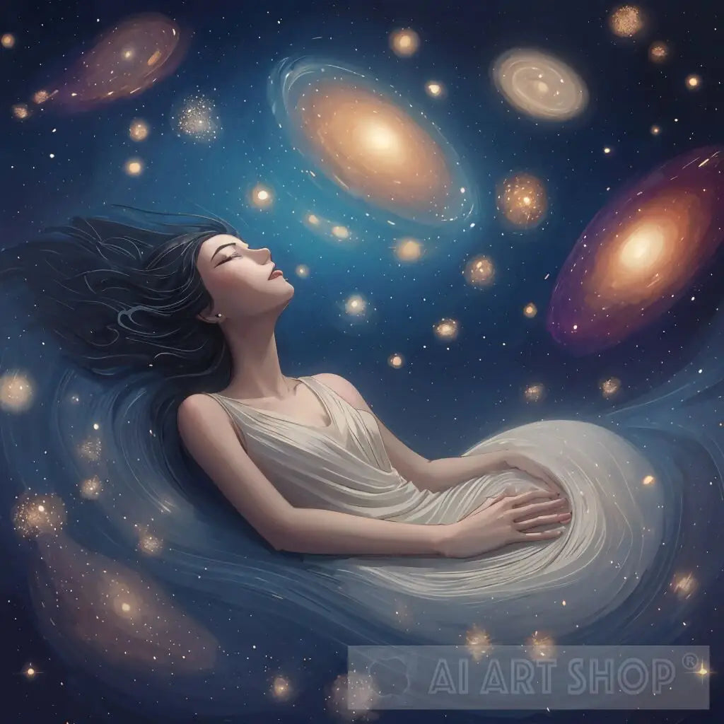 A surreal and dreamlike depiction of a woman floating in a sea of s...