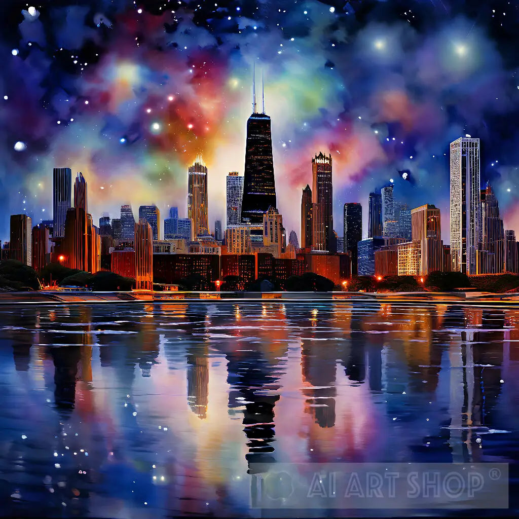 Futuristic cityscape with cosmic backdrop, reflected in water.
