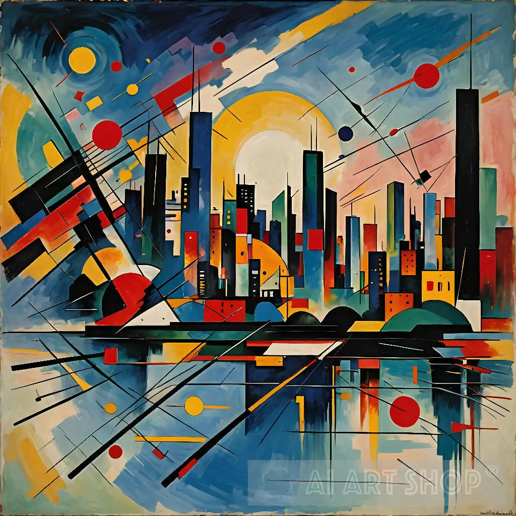 Art Deco Cityscape: Abstract Painting, Geometric Shapes, Bold Color...