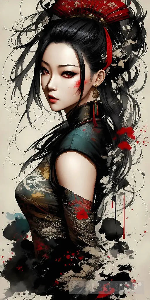 Chinese Ink Painting Style of a Beautiful Girl Character