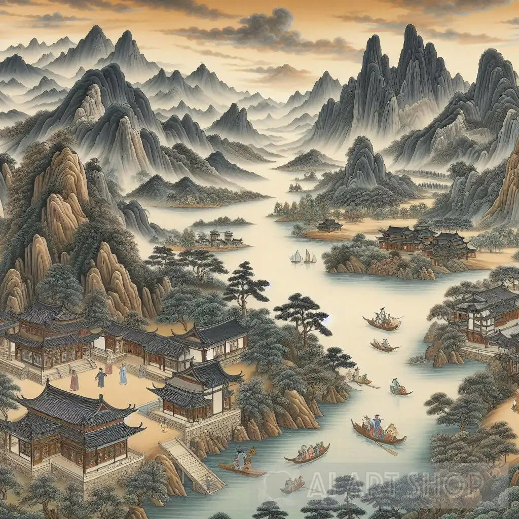 Chinese River and Mountains Paining