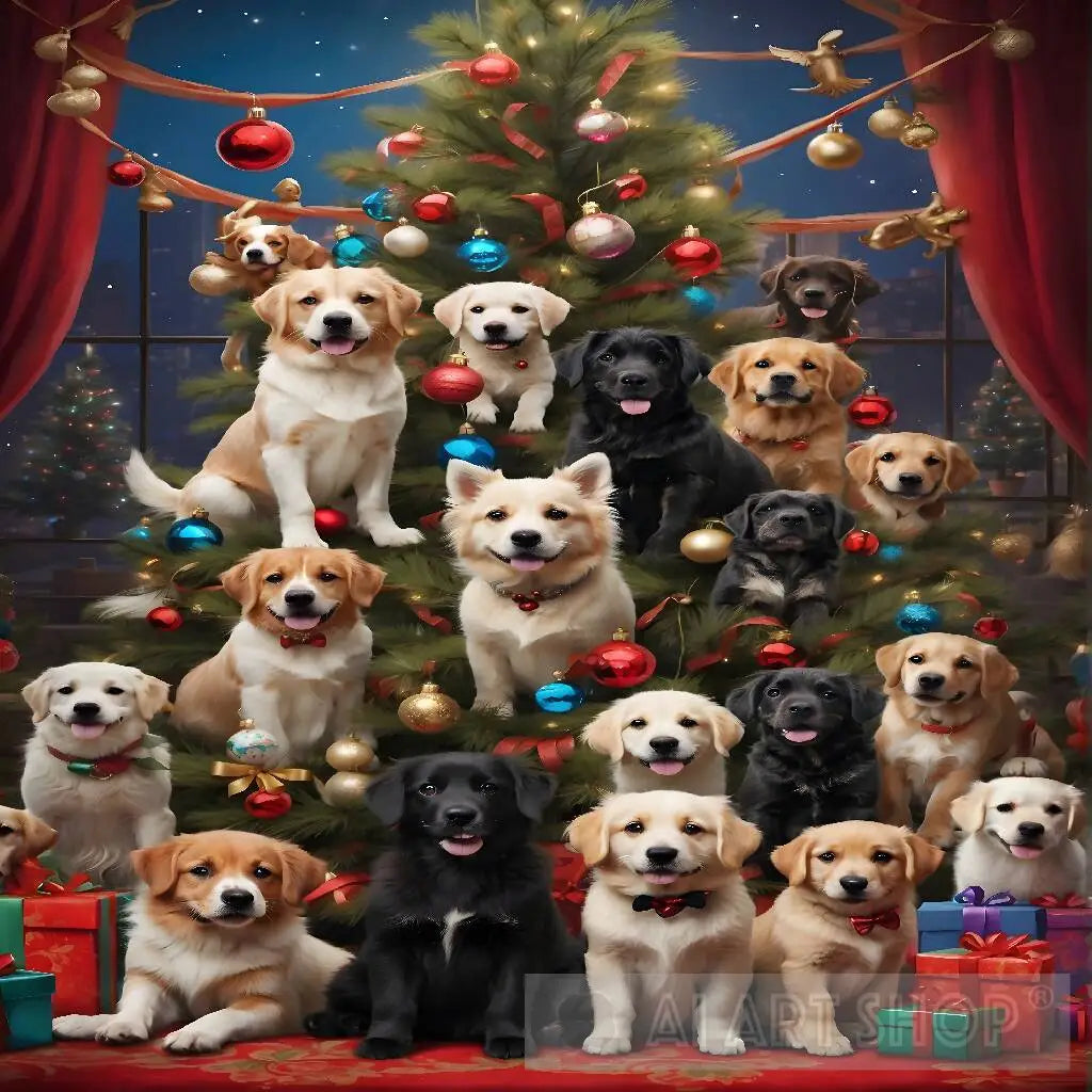 Christmas Tree And Dogs, Festive Art, Dog Lovers Christmas, Christm...