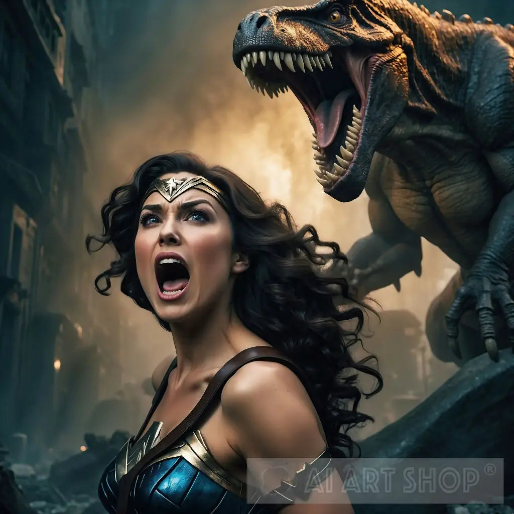 AI Art: Clash of Titans - Wonder Woman vs. Dinosaur