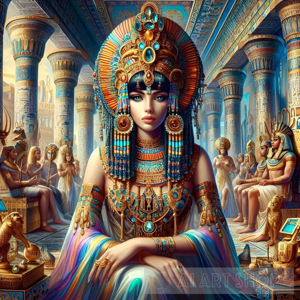 Regal Elegance | Cleopatra | Colorful Attire | Book | Neutral Expre...