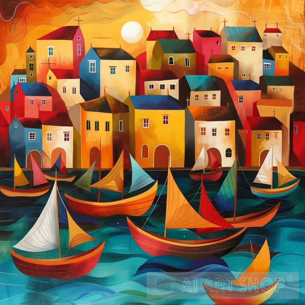 Colorful Harbor Scene - Folk Art Illustration