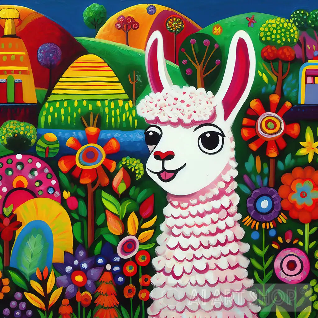Colorful llama surrounded by flowers painting