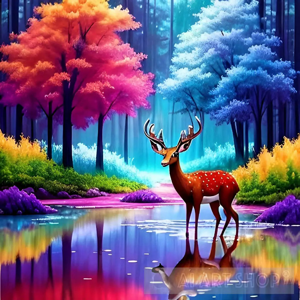 colorful, nature, forest, scenery, landscape, lake, deer