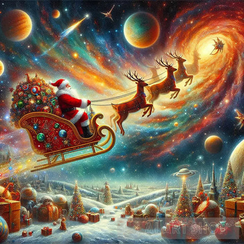 Cosmic Festivities: Galactic Gift-Giving Realistic Canvas Painting