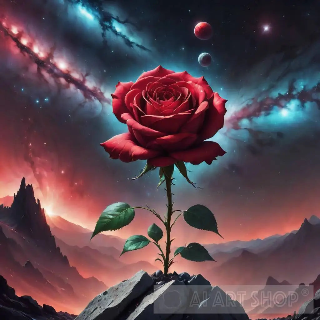 Red Rose Blooming in Outer Space