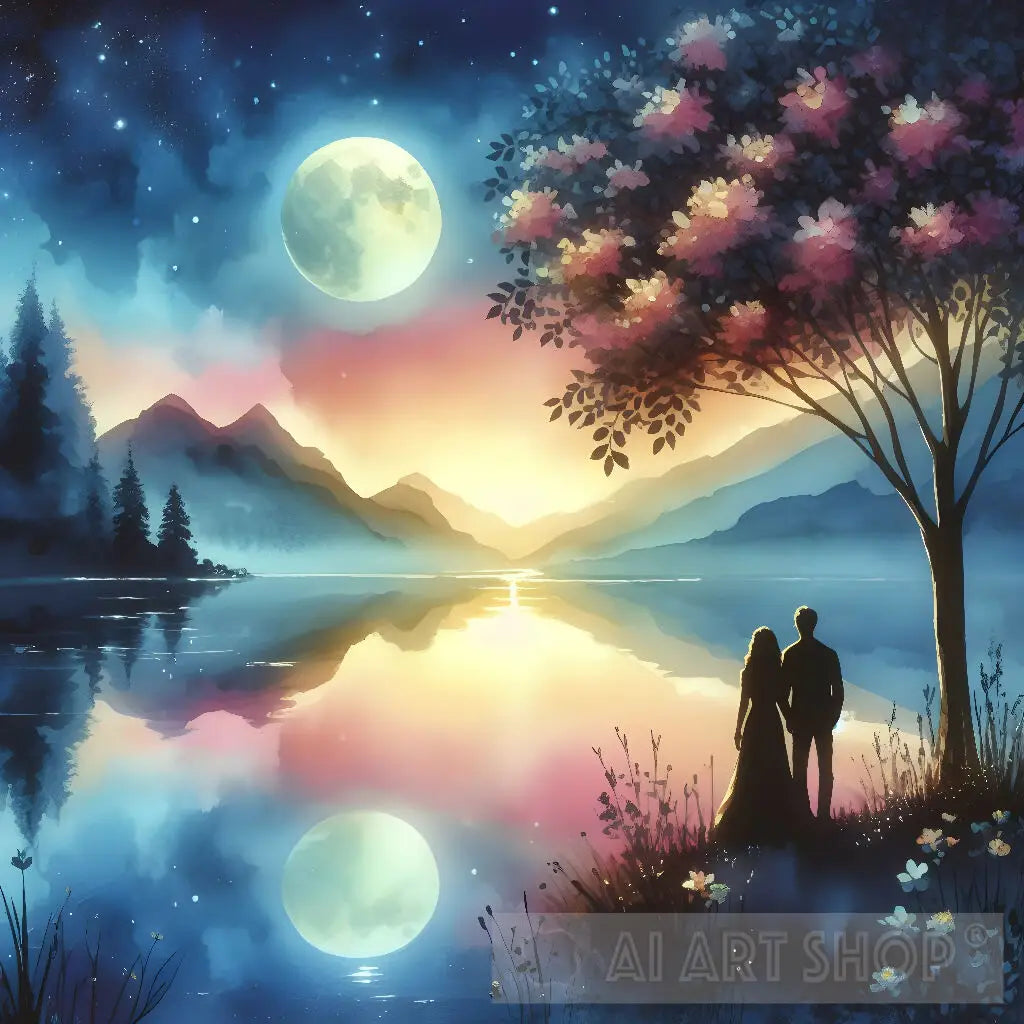 Couple By The Lake - Romantic Sunset Landscape Art for Wall Decor