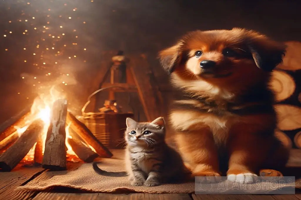 Cozy Companions: Puppy and Kitten by the Fire, Puppy, Kitten, Fire