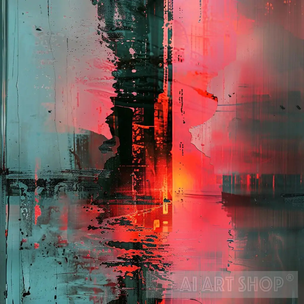 Crimson Cityscape: Abstract Urban Art with Bold Colors and Textured...