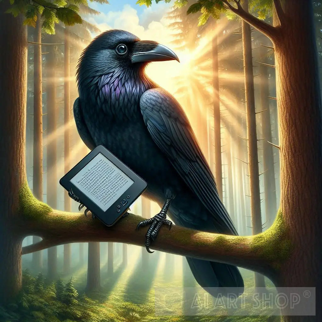 Crow Holding an Old Kindle