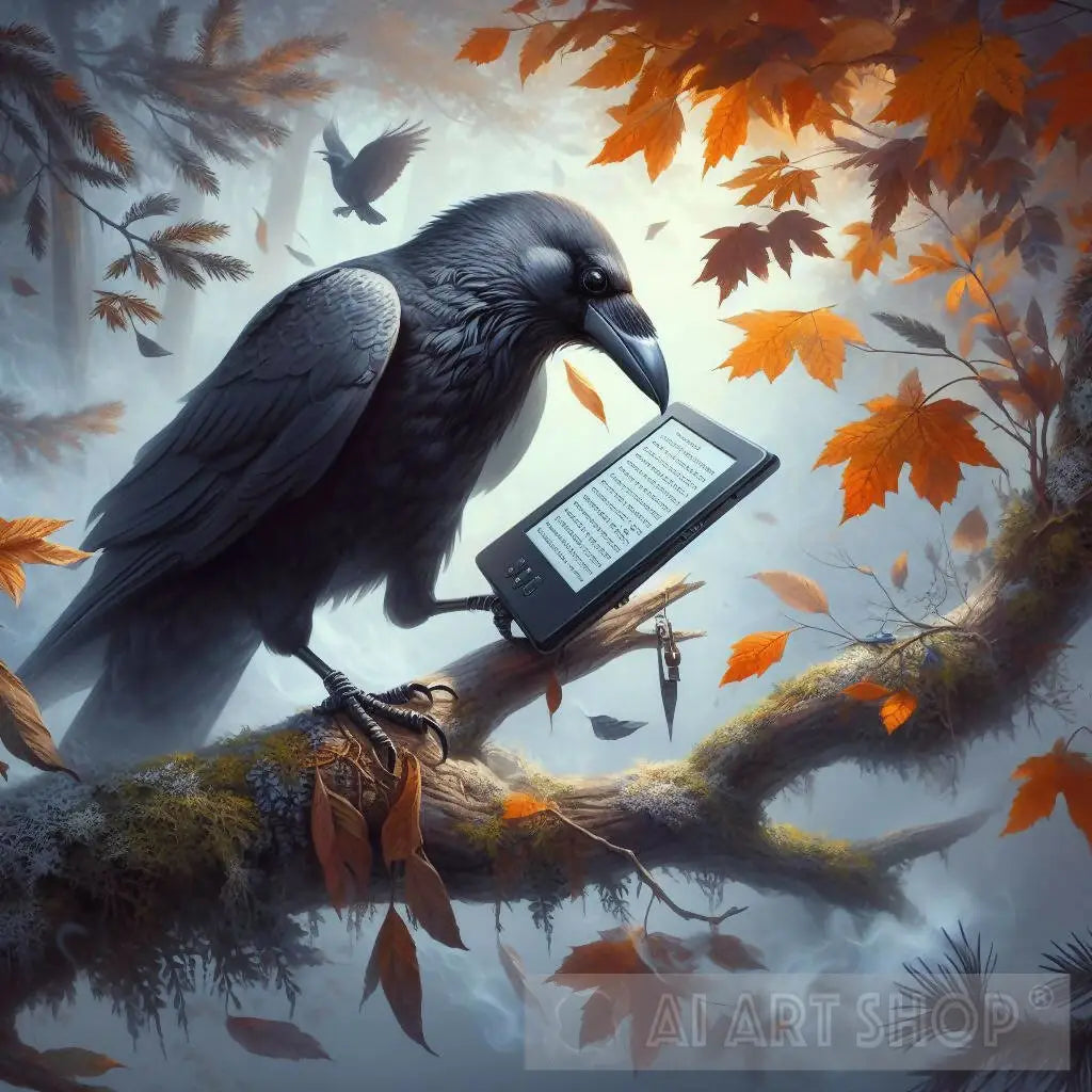 Crow in Autumn Evening Reading on a Kindle