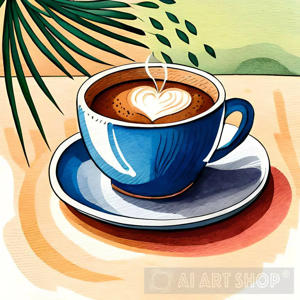 digital artwork, watercolor, cup of coffee, wooden table, cozy, war...