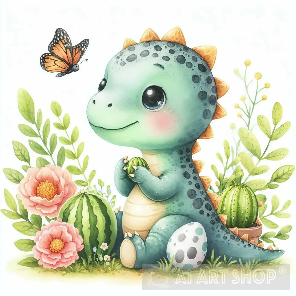baby dinosaur, butterfly, watercolor painting, flowers, cacti, cute