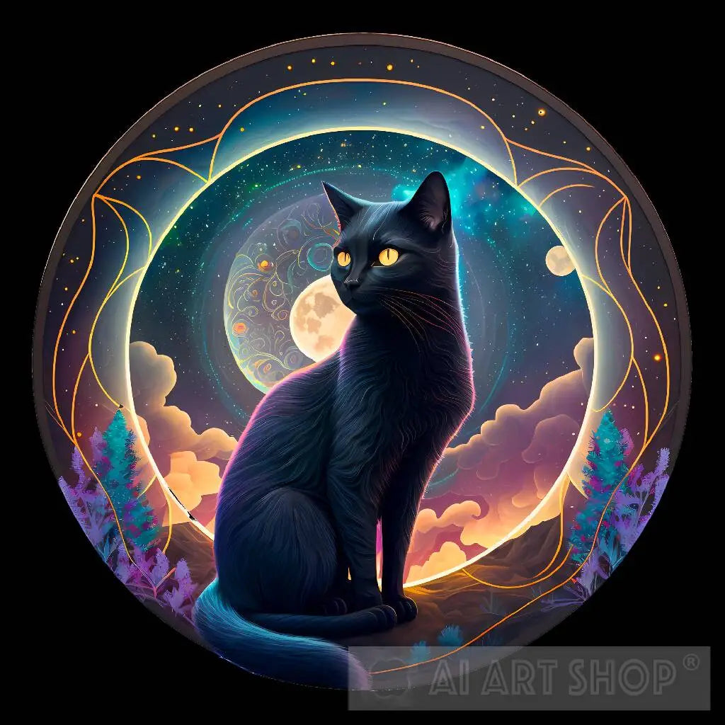 Cute Black Cat In The Moonlight, Moonlit Night, Black Cat Art, Ador...