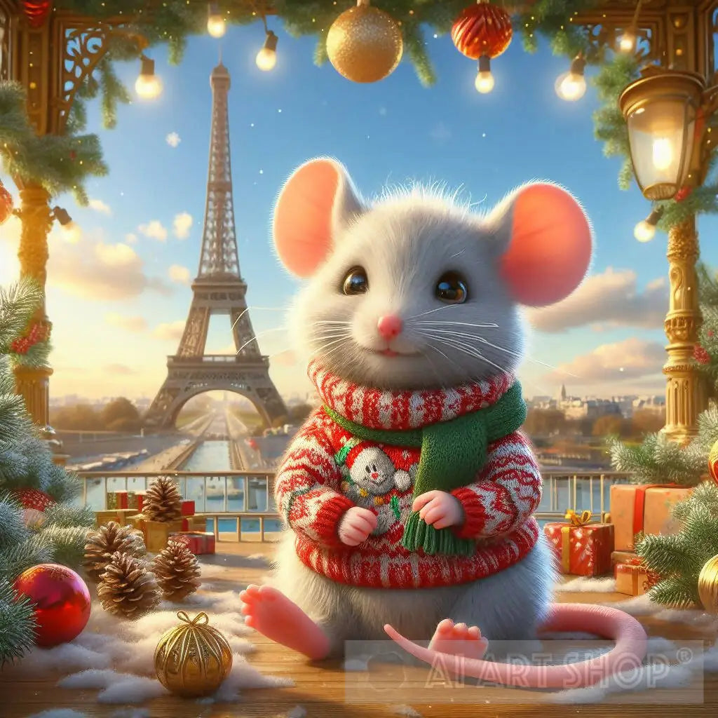 Cute Mouse in Christmas sweater in .Eiffel tower. Wallpaper. 8k. Ex...