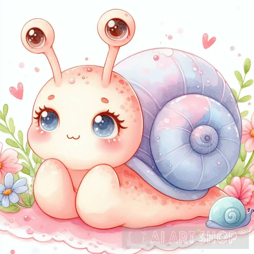 watercolor, snail, flowers, nature, spring, cartoon, cute
