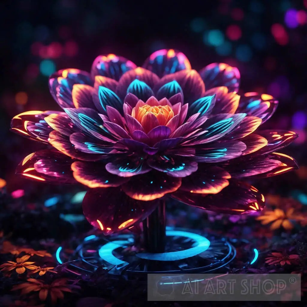 "Cyber Flower - Neon Colours Digital Garden, 3D Render, Futuri...