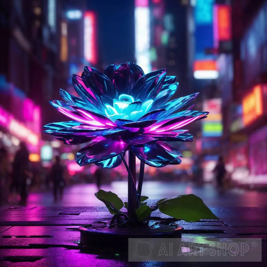 Cyber Flower - Neon Colours Digital Garden, 3D Render, Futuristic B...