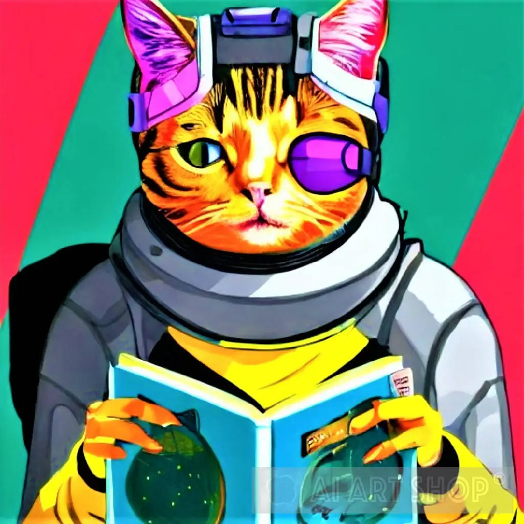Cyber Space Cat reading book, cute and colourful AI cat art.