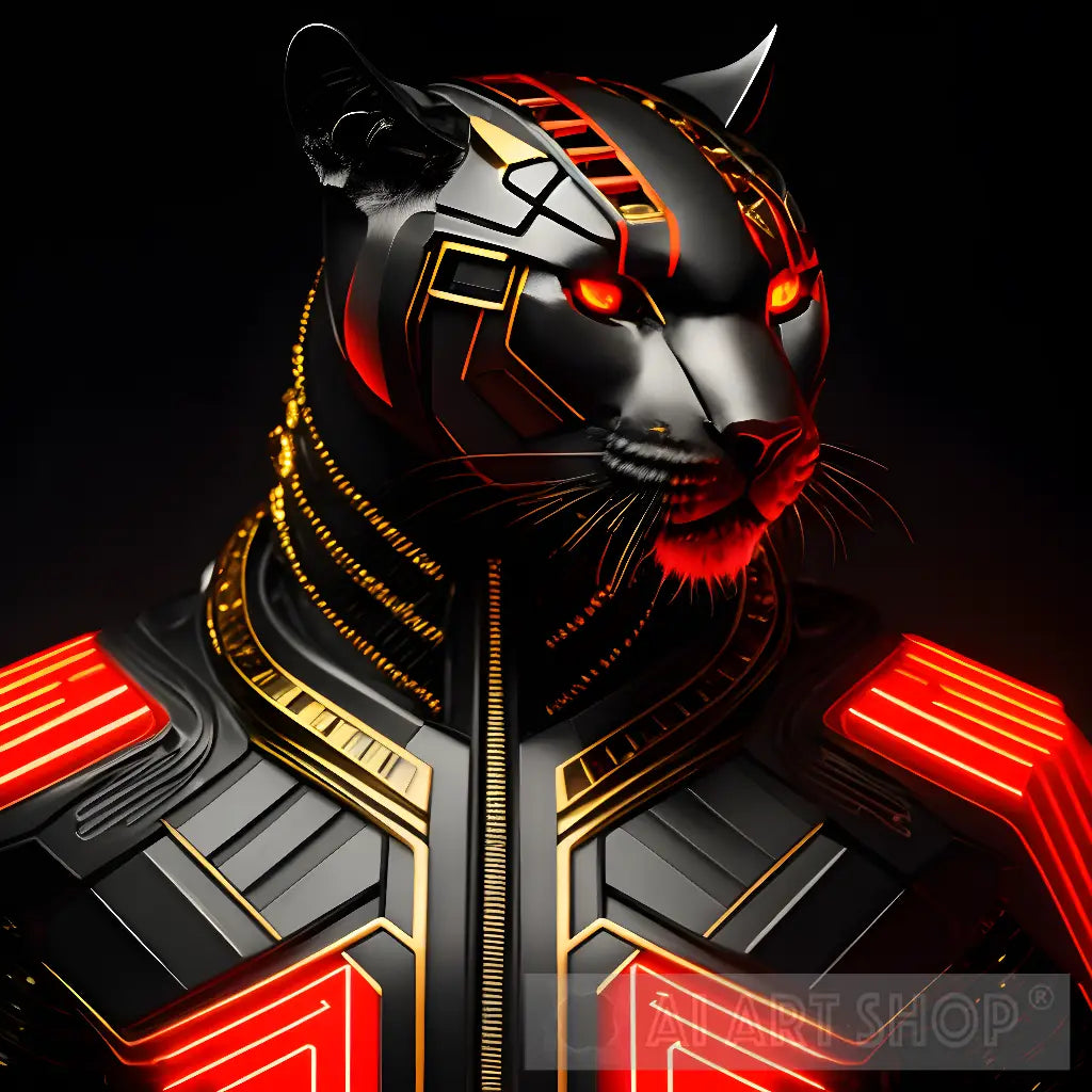cyberpunk art, 3D design, neon lights, panther portrait, red neon,