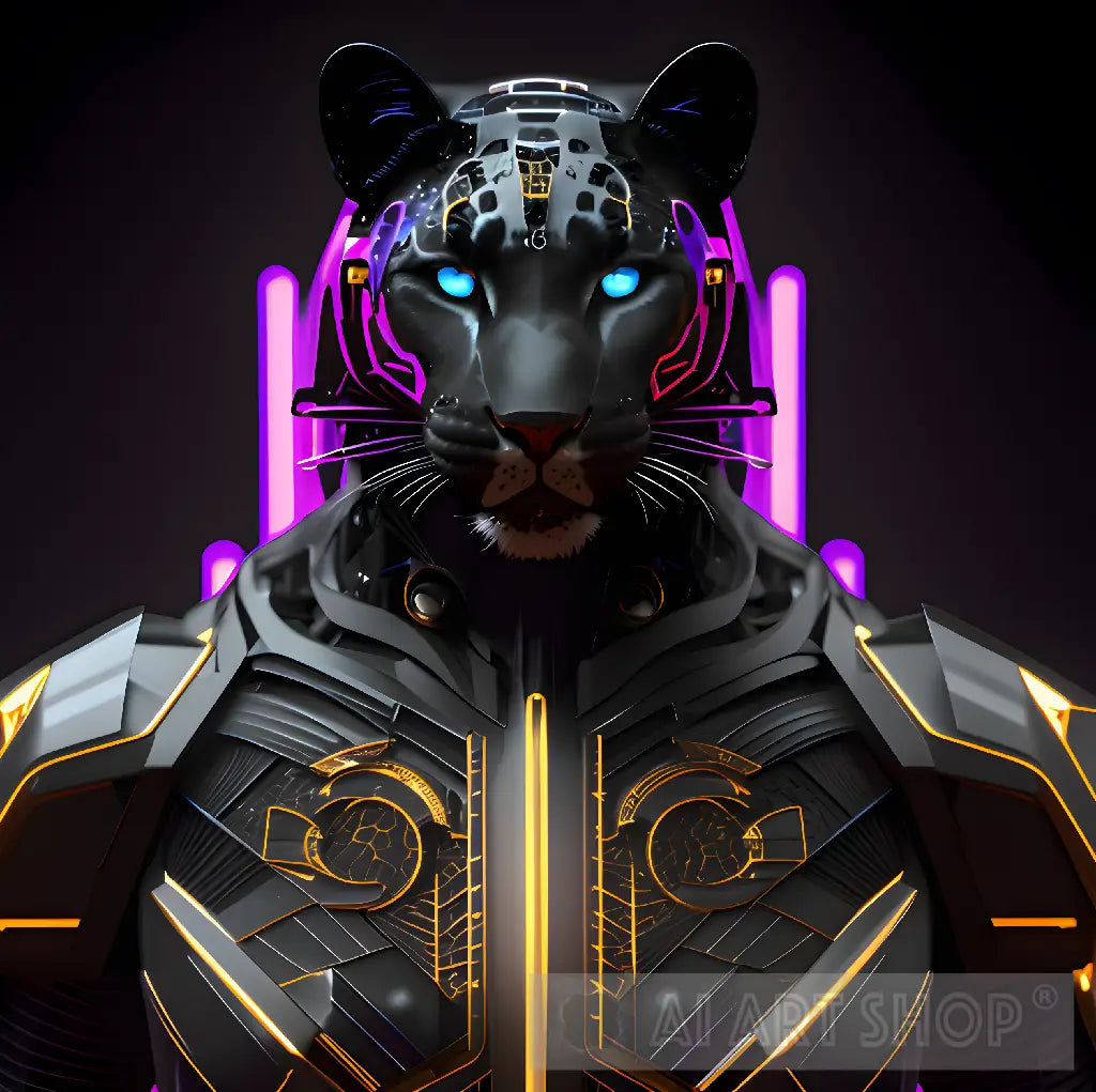 cyberpunk art, 3D design, neon lights, panther portrait, red neon,