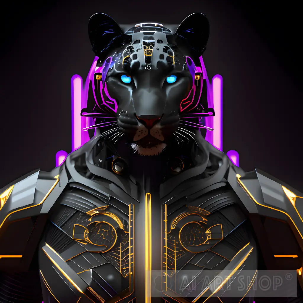 cyberpunk art, 3D design, neon lights, panther portrait, red neon,