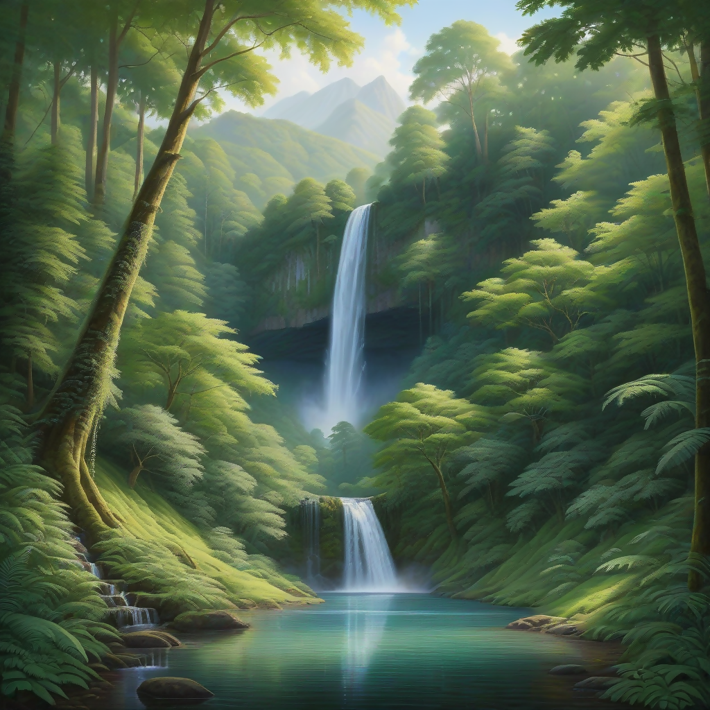 A detailed landscape painting of a lush forest