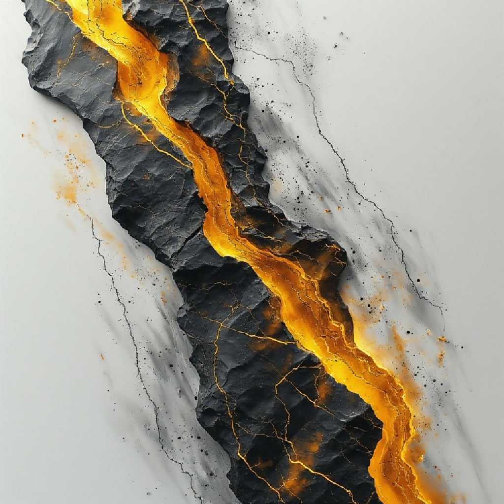 abstract fissure, glowing core, cracked rock, molten orange, seismi...
