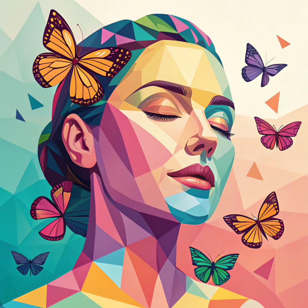 Vibrant Geometric Woman Portrait with Butterflies, vibrant digital ...