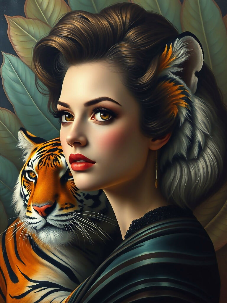 An impressive portrait of a beautiful woman with tiger No. 3