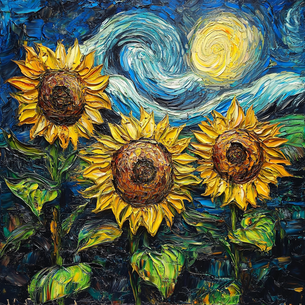 Three sunflowers and starry night Van Gogh art