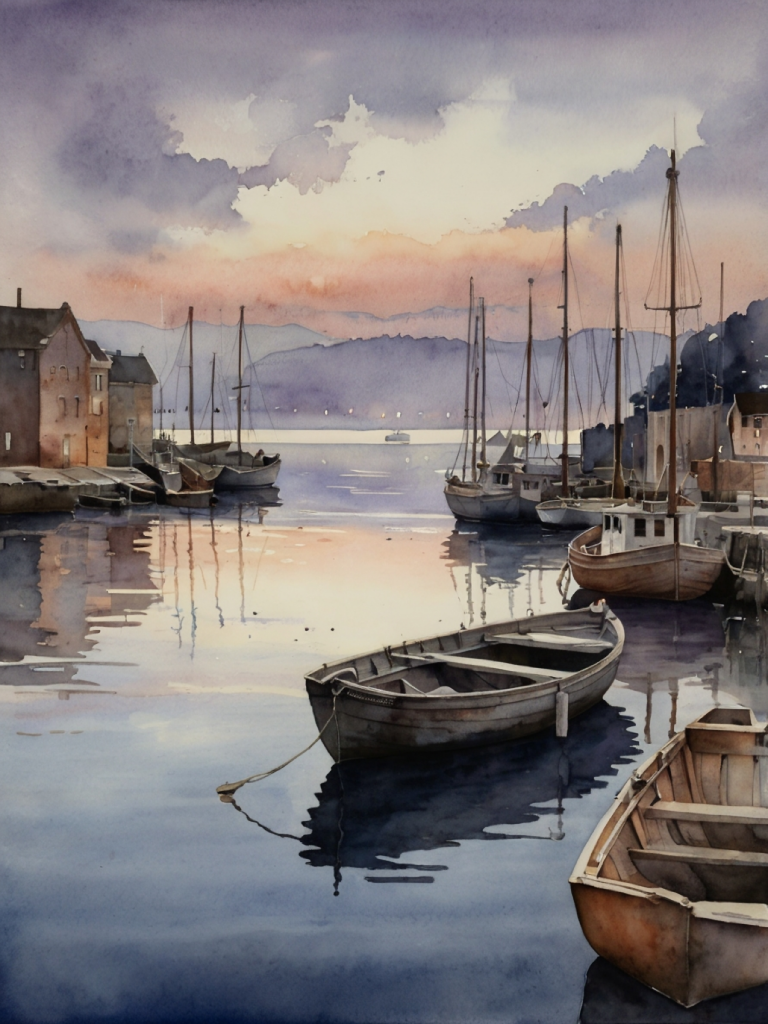 Discover a serene harbor sunset watercolor painting featuring soft ...