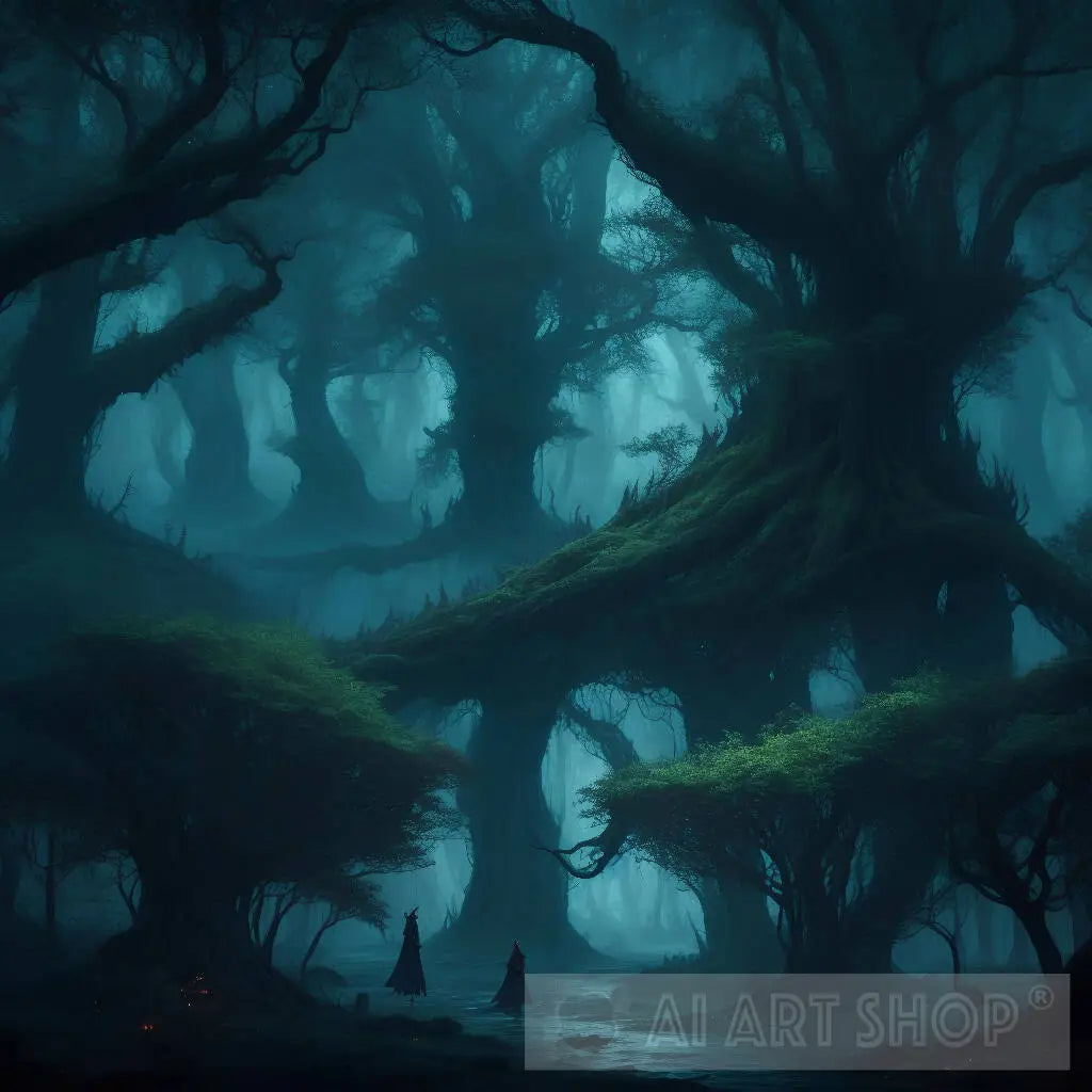 dark fantasy forest with epic trees