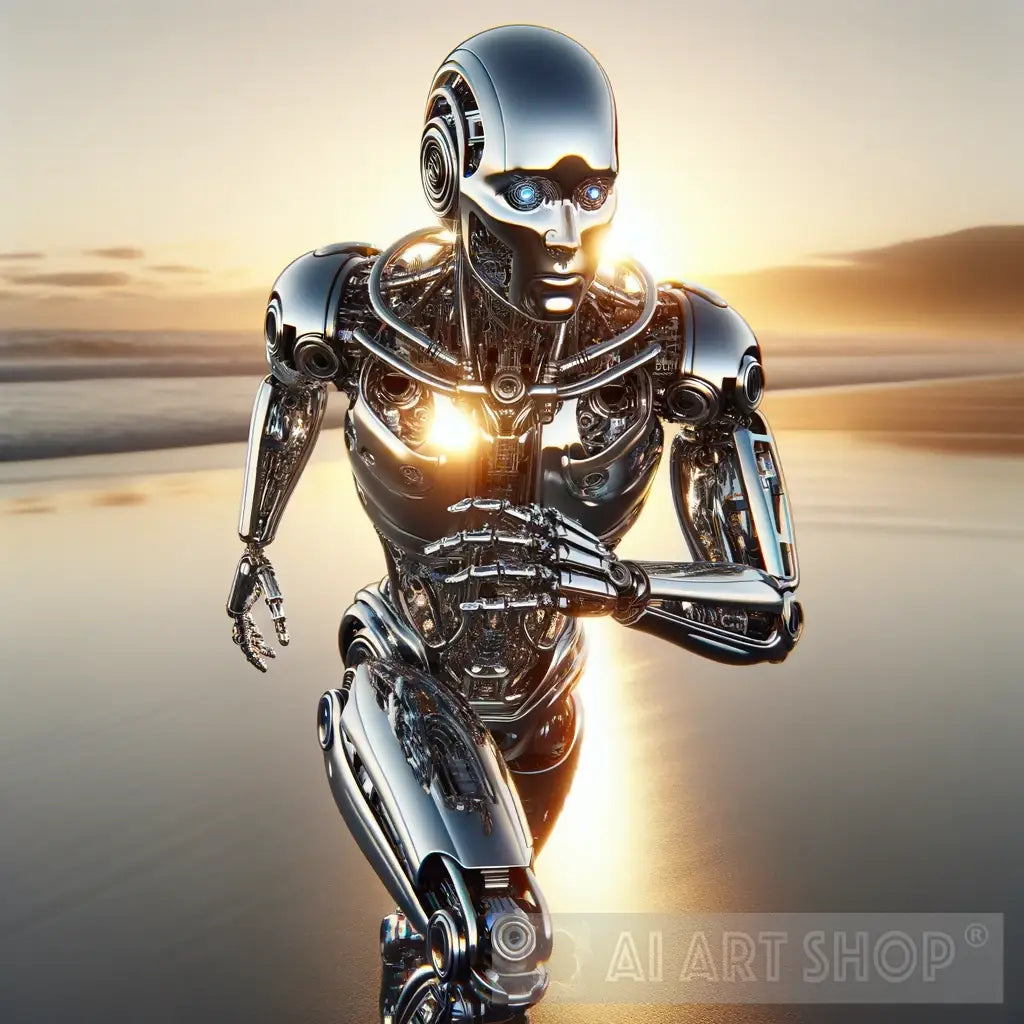 Advanced Silver Robot Runner at Sunset | Technological Evolution Art