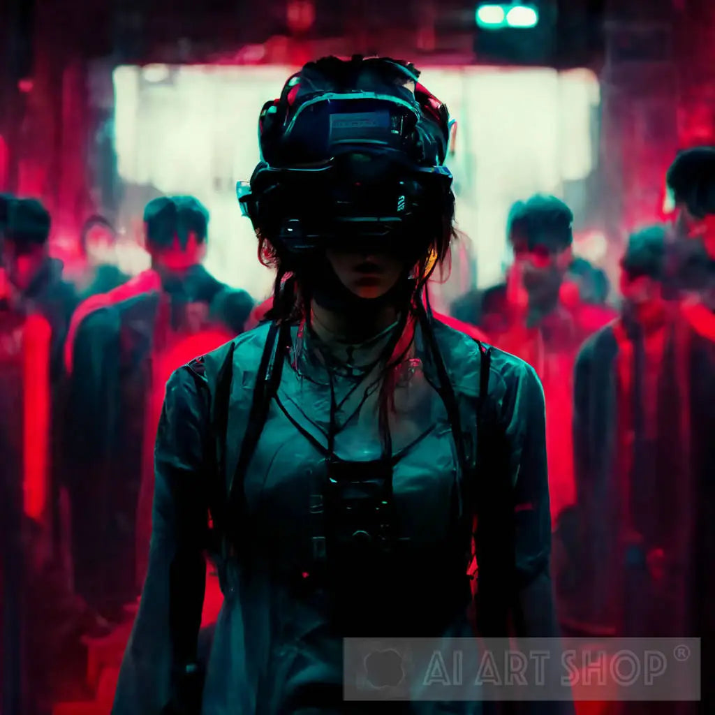 Woman diving into virtual reality with crowd behind.