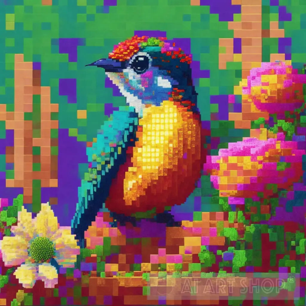 Default A Vibrant Pixelated Art Piece Of A Colorful Bird Perch 1