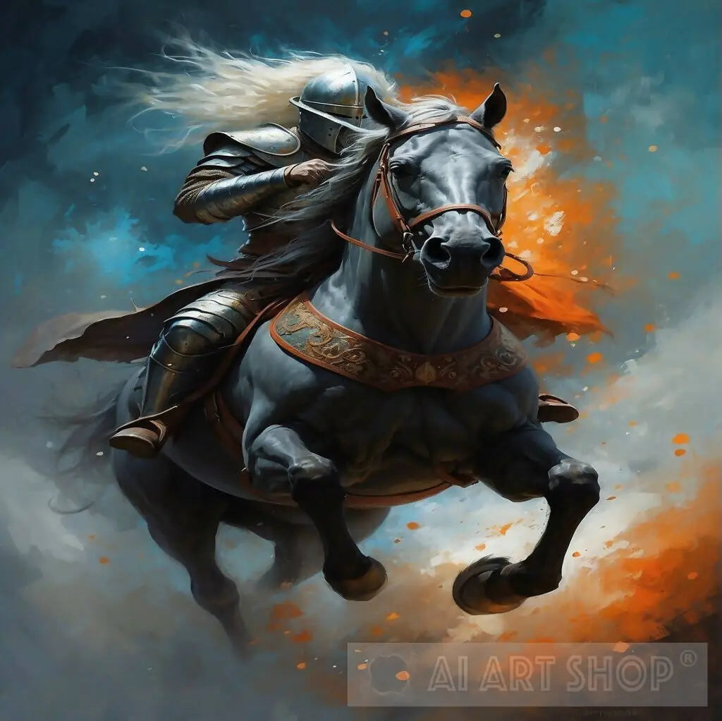 Depict a fierce knight in battle armor charging into battle on a ga...