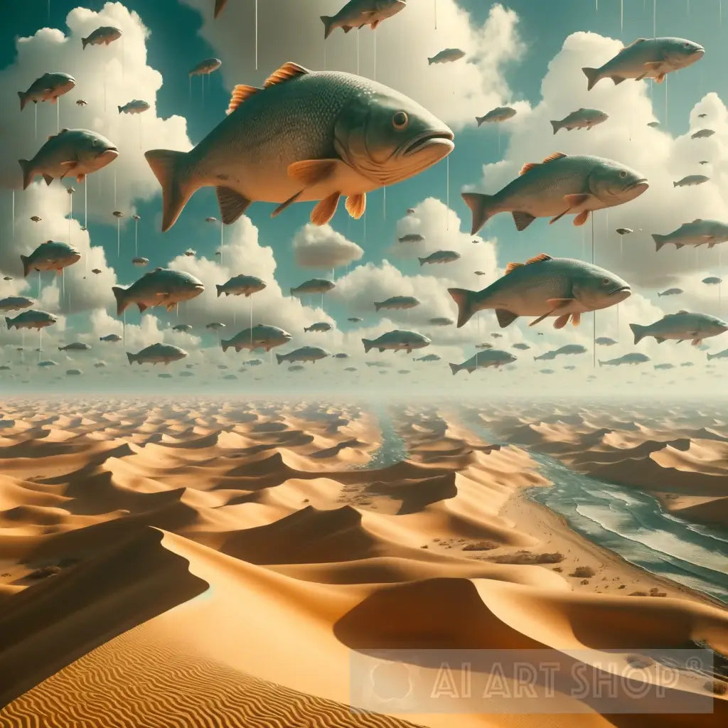 Surrealism Art - Desert Fish Mirage: Dreams Above Dunes
