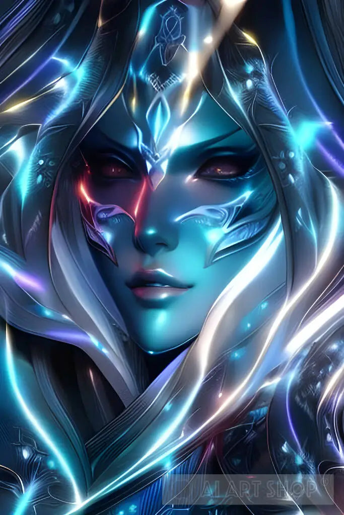 "Digital Bluest" - Blue AI Cyber Avatar Face of a Young W...