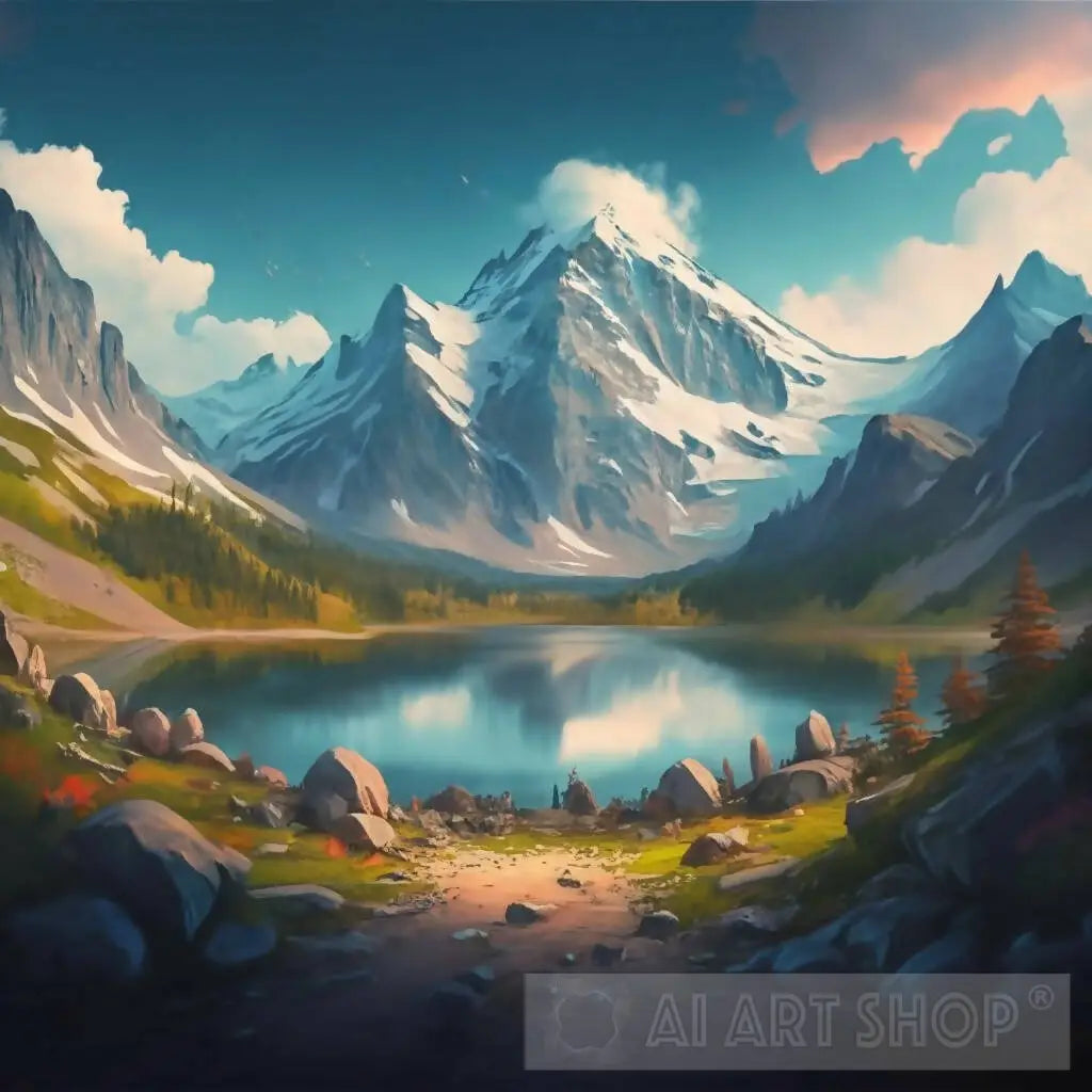Digital Mountain Landscape with Lake and Mountain