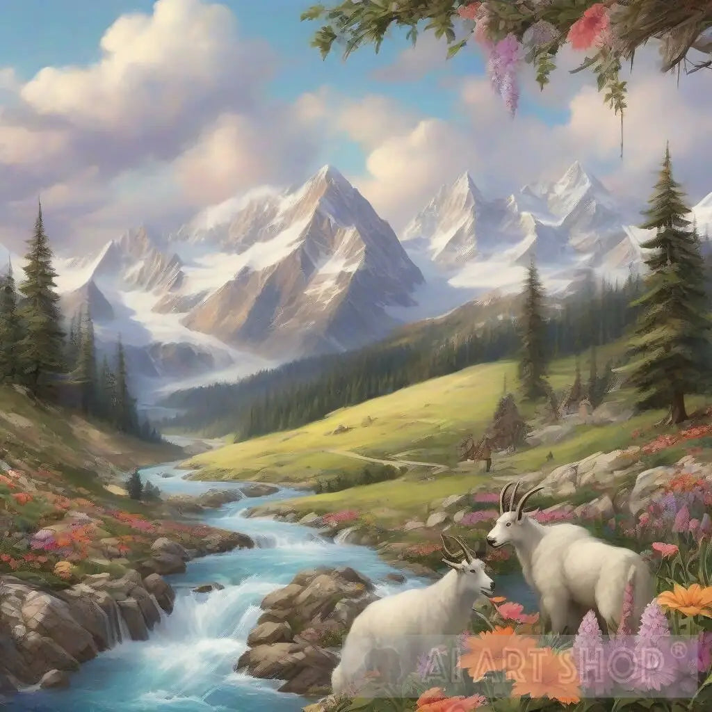 Digital Painting of a Weekend in the Alps with Mountain goats, Aval...