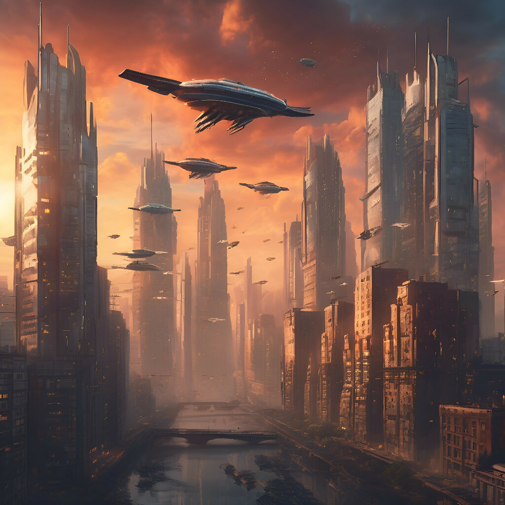 Spectacular Spaceships: A Sunset Show Over City Skyscrapers