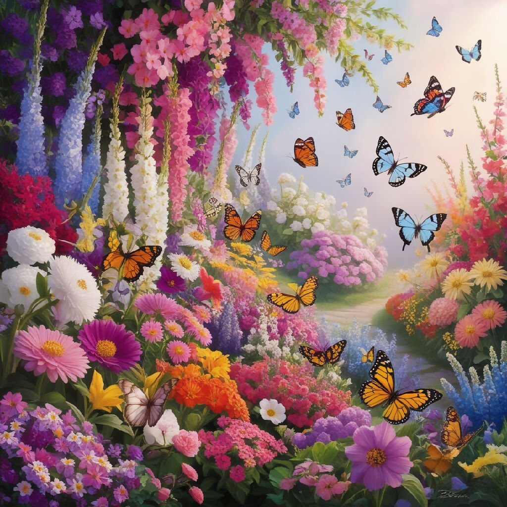 Butterfly Ballet: Enchanting Flower Garden Art - Vibrant Nature Scene