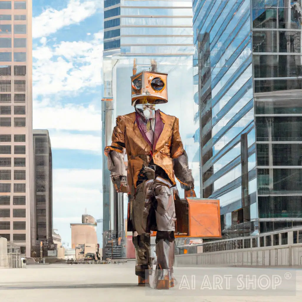 Done Deal: Robot businessman in a suit walks confidently along a ci...