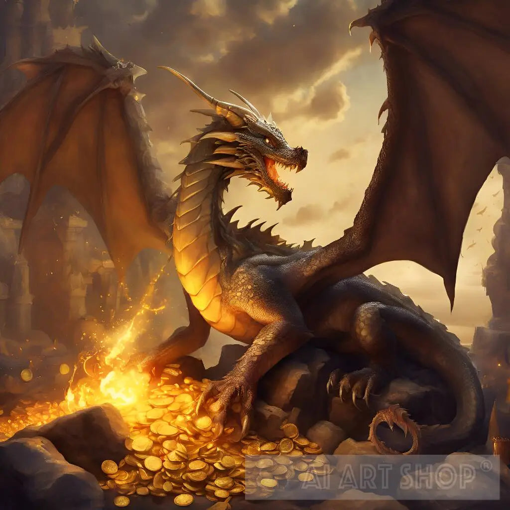 Dragon With Gold Coins, Mythical Beast, MythicalDragon, Fantasy Art...