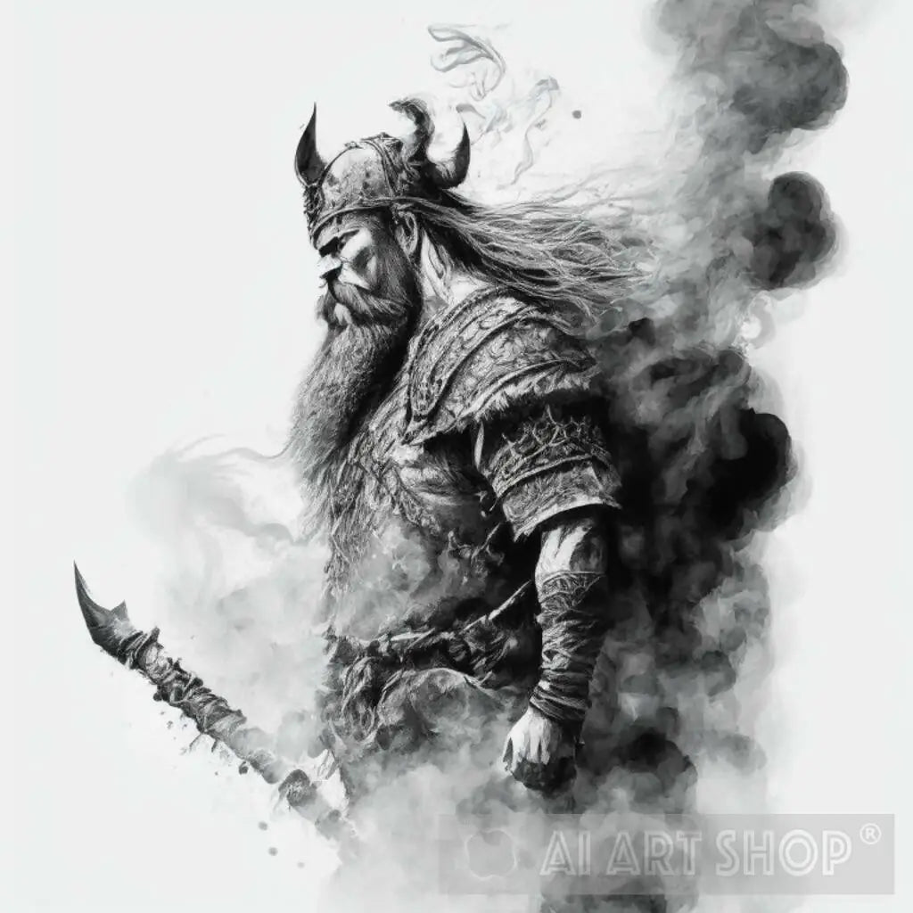 Dramatic viking out of the smoking ruins